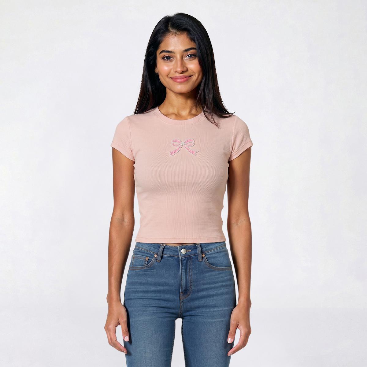Click here for Juniors Derek Heart Fitted Beaded Icon Tee- Pink prices